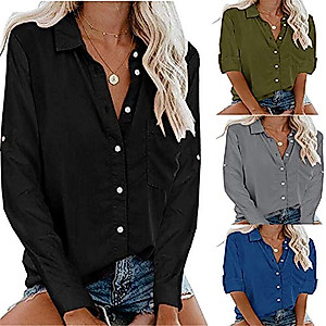 Andongnywell Women's Solid Color Long Sleeve V Neck Button Cardigan Blouses Tops Button Down Shirts Blouses (Green,8,5X-Large)