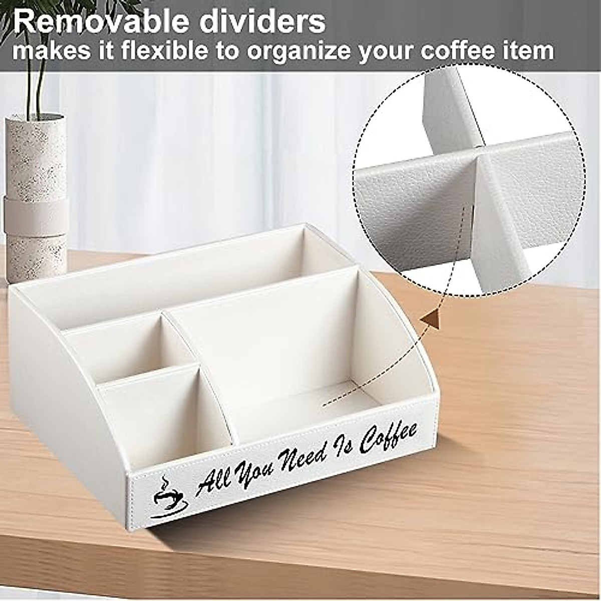 Militwo PU Leather Coffee Station Organizer, Countertop Coffee Bar Accessories Tea Bag Organizer Coffee Pods Drawer Holder and Organizer for Coffee Bar Decor, Coffee Lovers Gift White