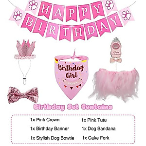 Dog Birthday Party Supplies for Girls, Dog Birthday Outfit - Dog Birthday Bandana, Adjustable Dog Birthday Hat, Wearable Dog Bowtie, Tutu Skirt, Happy Birthday Banner and Cake Fork (Pink)