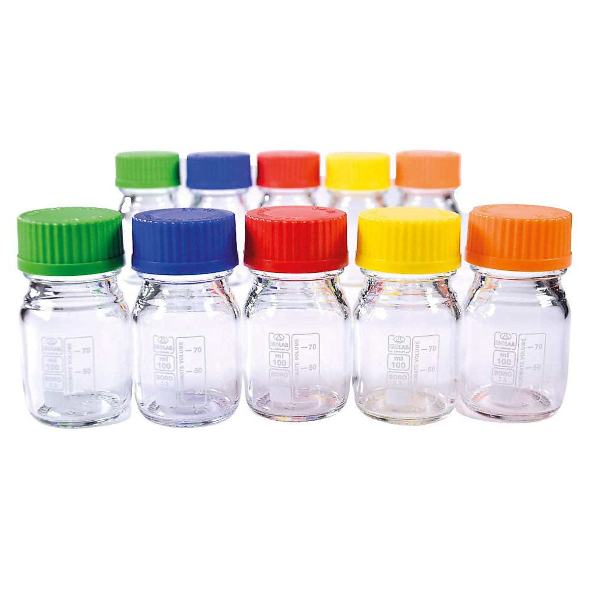 ISOLAB USA – Round Media Storage Bottle, 100ml, with COLOR CODED Screw GL 45 Cap, Borosilicate 3.3 Glass, Pack of 10
