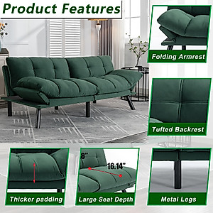 70“ Modern Velvet Futon Couch Sleeper,Convertible Sleeper Sofa Bed with Adjustable Backrests and Folding Armrest for Living Room Bedroom Office Apartment,Split Back,Mattress Included (Green)