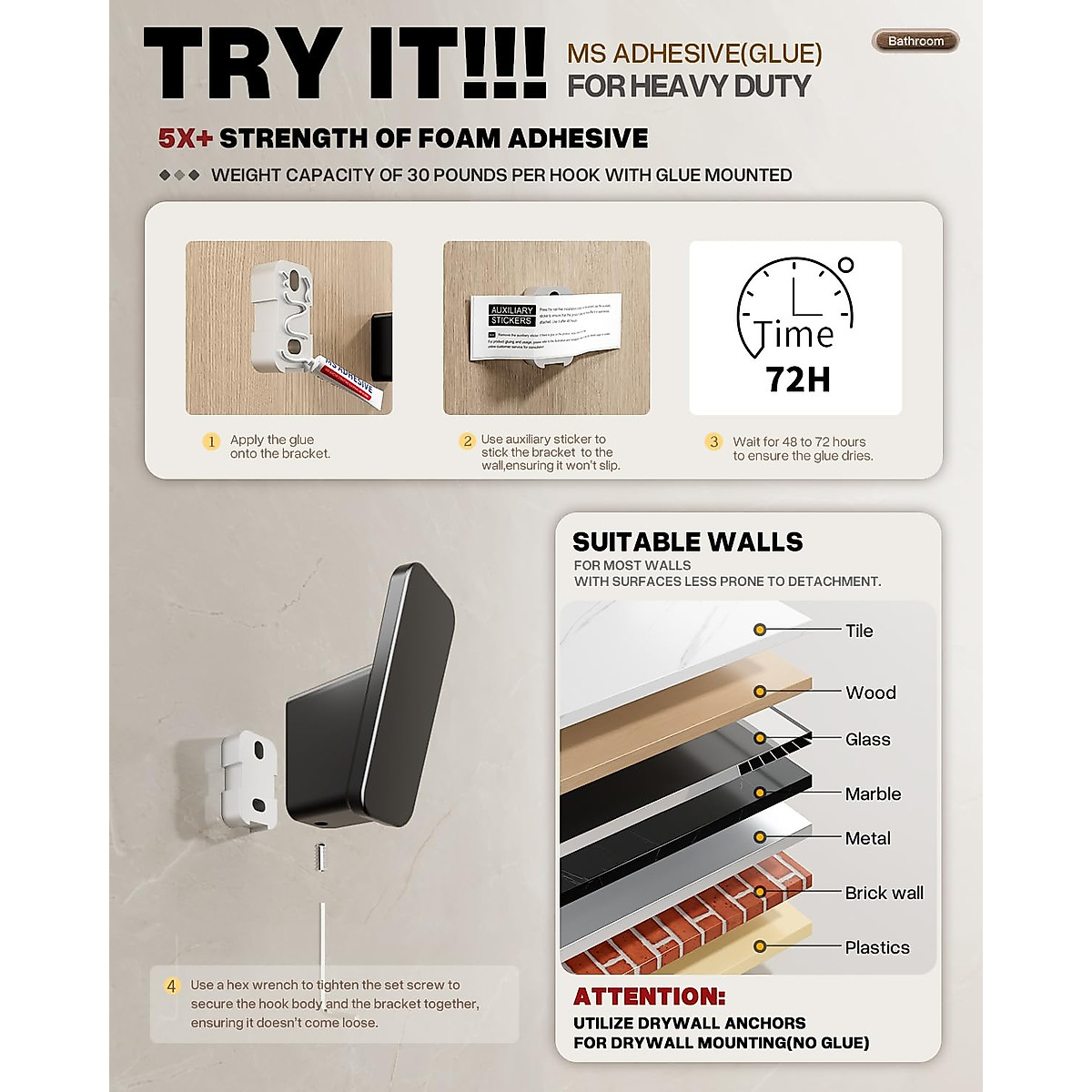 4-Pack Black Towel Hooks Shower hooks for Bathroom, Robe Hanger, Wall Hooks for Hanging Bag Hat Coat Mudroom Bedroom Kitchen, Adhesive with Glue or Mount with Screws, Matte Black Aluminum Heavy Duty