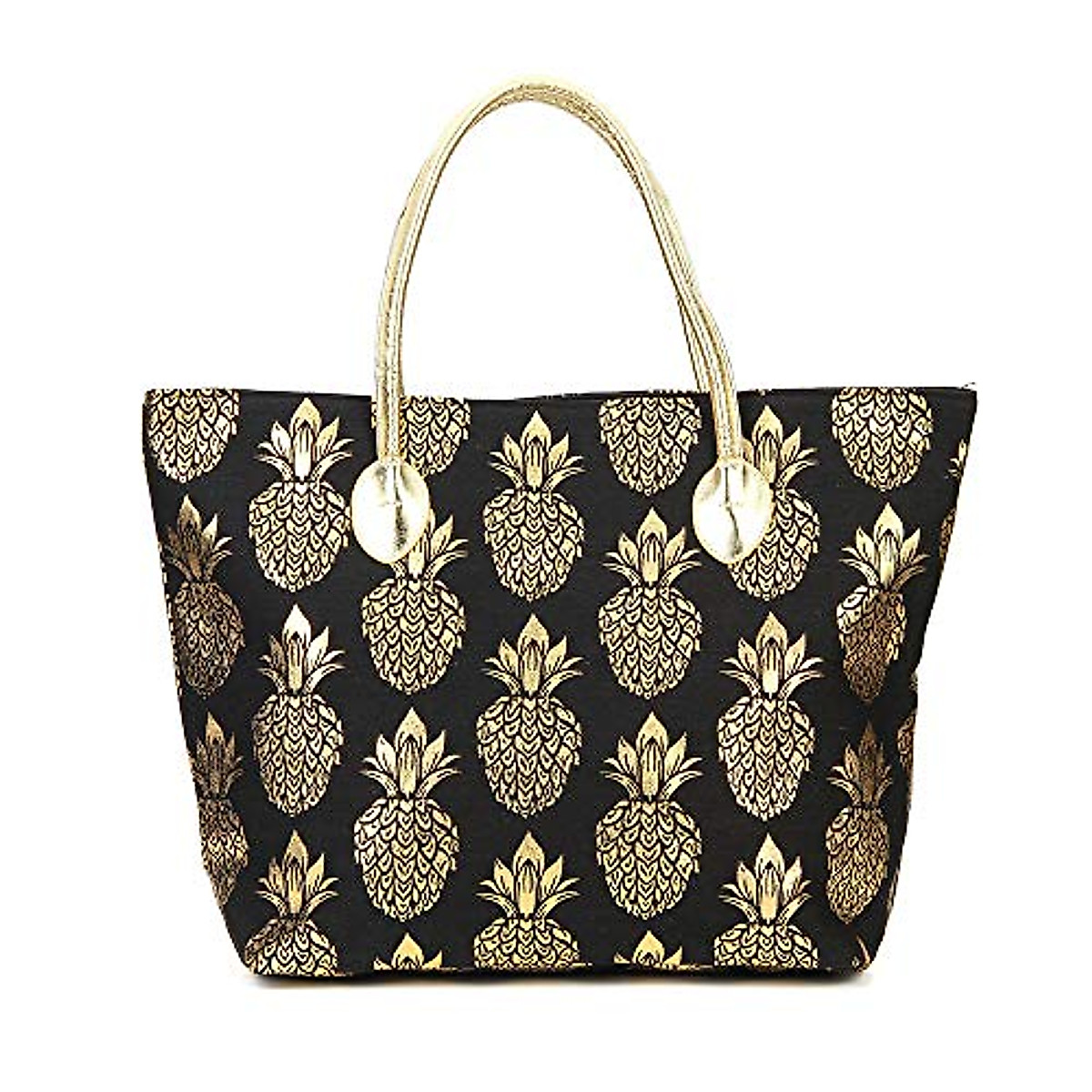 Chandy Metal Gold Pineapple Printed Canvas Beach Tote Bag With Leather Handle (Black), Large