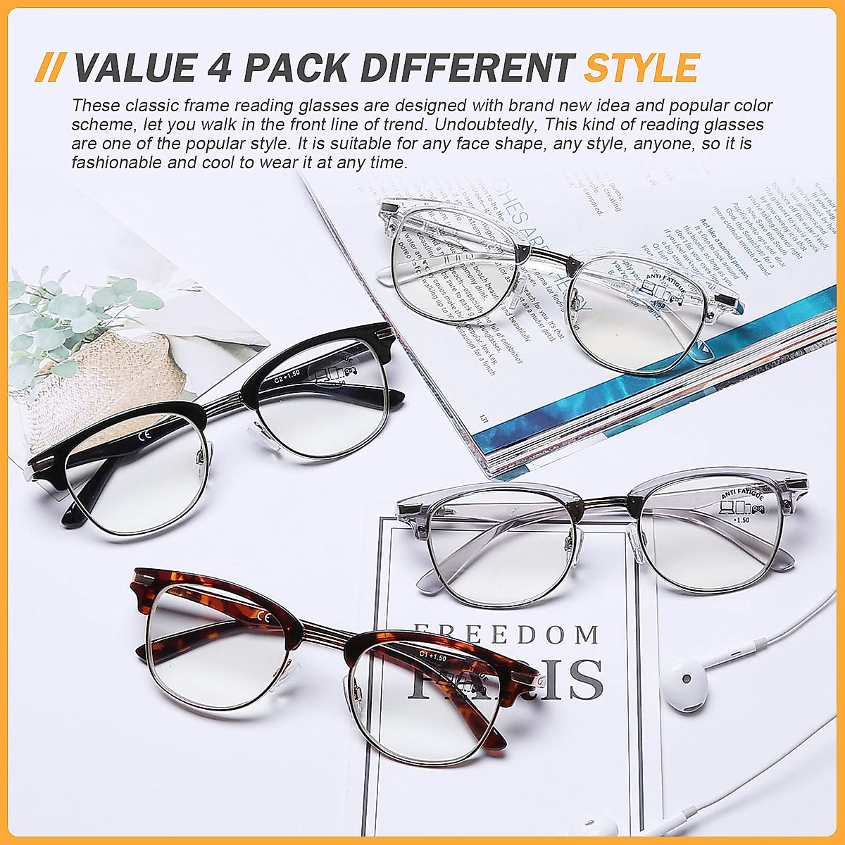 DOOViC 4 Pack Blue Light Blocking Reading Glasses Anti Eyestrain Fashion Classic Style Spring Hinge Computer Readers for Women Men 2.50 Strength