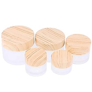 5 Pack 5g/10g/15g/30g/50g Frosted Glass Cream Jar,Empty Makeup Cosmetics Container Jar Pot With Wood Grain Lid for Face Cream Cosmetic Eye Shadow-FREE 5 Plastic Pick Stick