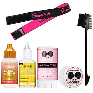 Wig Glue Lace Glue Waterproof Lace Front Wig Glue for Wigs with Tools and Hair Wax Stick (Wig Glue/Wig Glue Remover/Hair Wax Stick/Edge Control Wax/Wig Band/Hair Dual Drush)