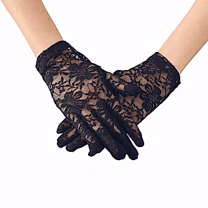 Latious Black Lace Finger Prom Gloves White Short Halloween Wrist Length Gloves Accessories for Women (Black-1)