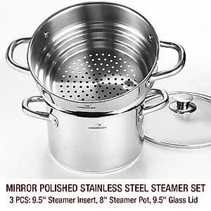 HOMICHEF 3 PCS Whole Food Steamer Set - Nickel Free Stainless Steel Veggie Steamer Pot (9.5" Large Vegetable Steamer Insert With Lid, 8" Steam Pot) - Induction Steamer Pots - Steam Pots Steam Baskets