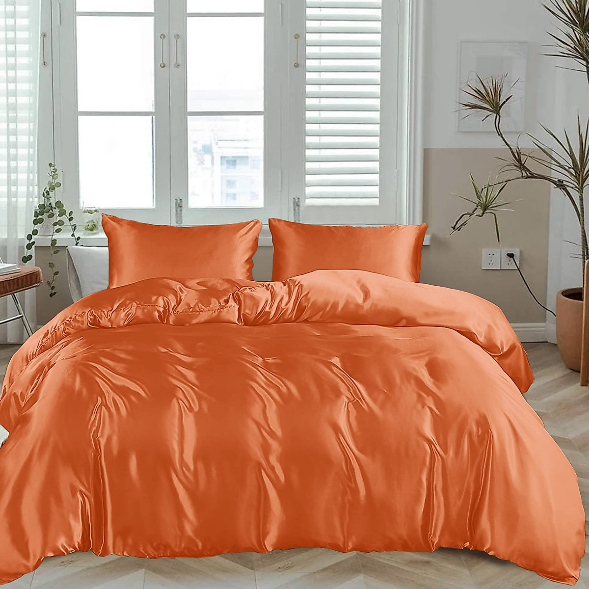 Linenwalas Tencel Lyocell Duvet Cover Set with Deep Pocket Fitted Sheet, Viscose Made from Eucalyptus Soft, Lightweight and Breathable Complete Bedding Set (Halloween Orange, Twin)
