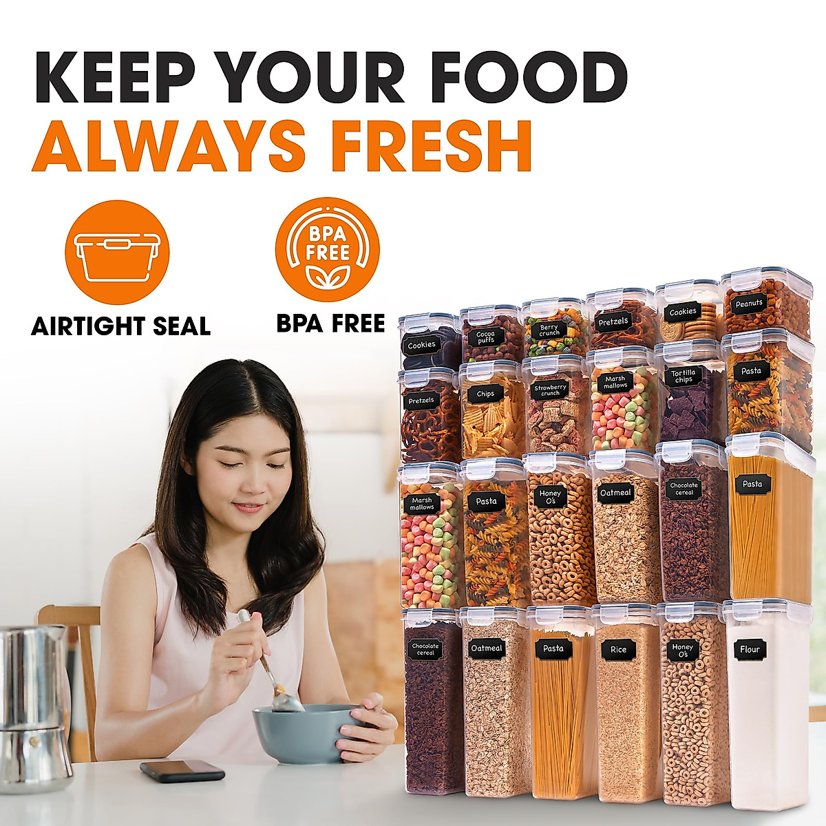 Cheer Collection Airtight Food Storage Containers Set of 24, Pantry Organizers and Storage, Stackable Food Storage Containers with Lids, Dry Food Storage Containers for Flour, Sugar, Pasta & More