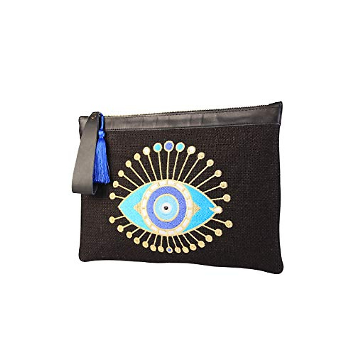 KarensLine Handmade Evil Eye Embroidery Black Jute Clutch Bag Sun Beach Summer Style, Medium
