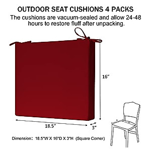 downluxe Outdoor Chair Cushions, Waterproof Square Corner Memory Foam Seat Cushions with Ties for Garden Patio Funiture, 18.5" x 16" x 3", Burgundy, 4 Pack