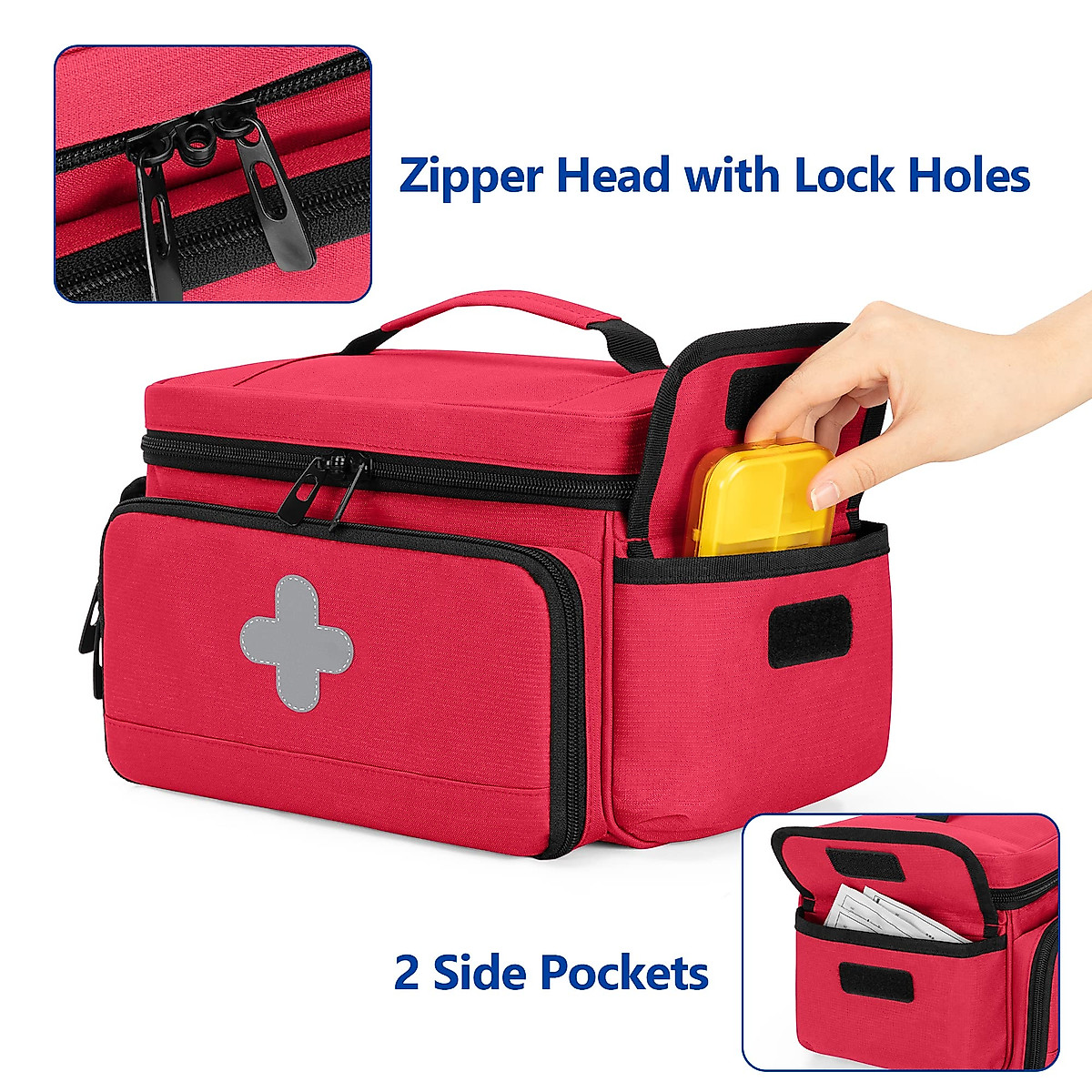 CURMIO Medicine Storage Bag Empty, Lockable Pill Bottle Organizer with Portable Zippered Pouches for First Aid Kits, Medicine Box for Home and Travel, Red (Patent Pending)