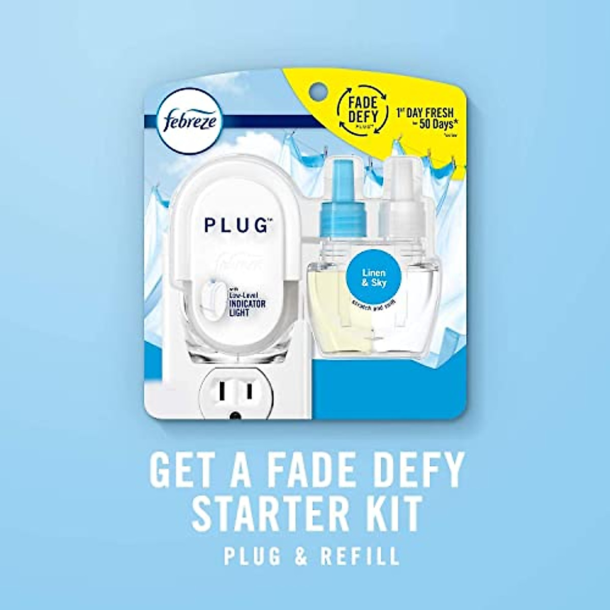 Febreze Odor-Fighting Fade Defy PLUG Air Freshener Refill, Linen & Sky, (3) .87 fl. oz. Oil Refills
