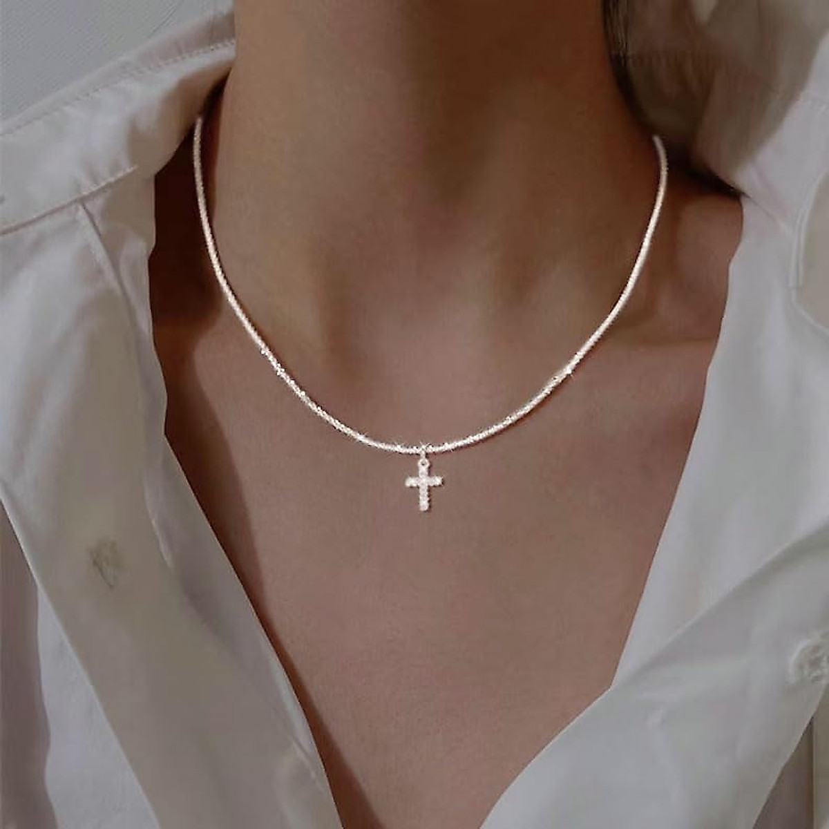 ASCOMY Silver Necklace for Women Silver Pendant Necklace 14K Silver Plated Shiny Twist Rope Chain Necklace CZ Cross Pendant Necklace Simple Necklace for women Girls Minimalist Jewellery Gift