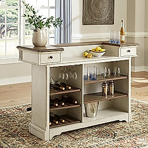 Signature Design by Ashley Realyn French Country Bar with Metal Footrest, White & Beige