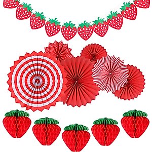 Outus 12 Pcs Strawberry Birthday Party Decorations Supplies Include 5 Strawberry Honeycomb Balls 1 Strawberry Garland 6 Paper Fans Decor Strawberry Themed Decorations for Birthday Party