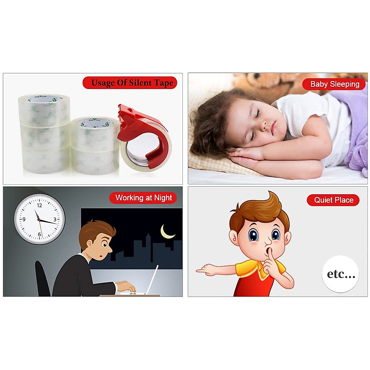 BOMEI PACK No Noise Quiet Clear Packing Tape, Heavy Duty Packaging Tape, Refill Rolls for Sealing Packing and Shipping, 2.4Mil 1.88Inch 55Yards 6rolls, with Free Dispenser