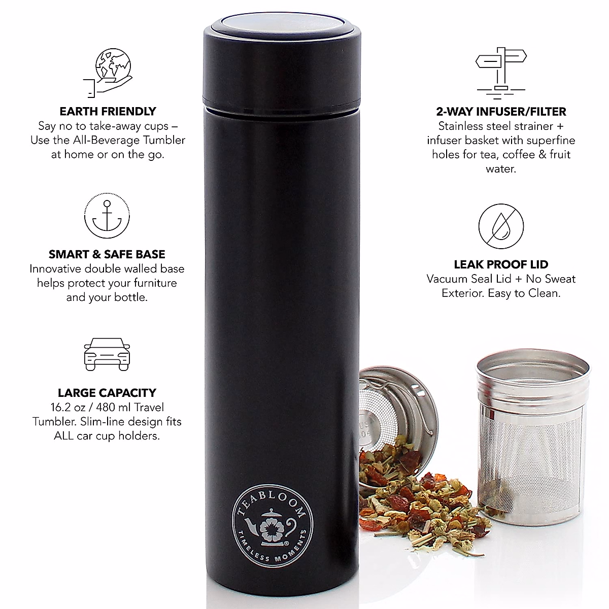 Teabloom - The ORIGINAL All-Brew Travel Tumbler & Thermos | OPRAH’s Favorite | 16oz/480ml Insulated Water Bottle/Tea Flask/Cold Brew Coffee Mug