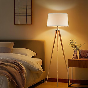 Kira Home Grace 60.5" Mid Century Modern Tripod LED Floor Lamp + Energy Efficient 9W Bulb, Wooden Tripod Legs + White Shade