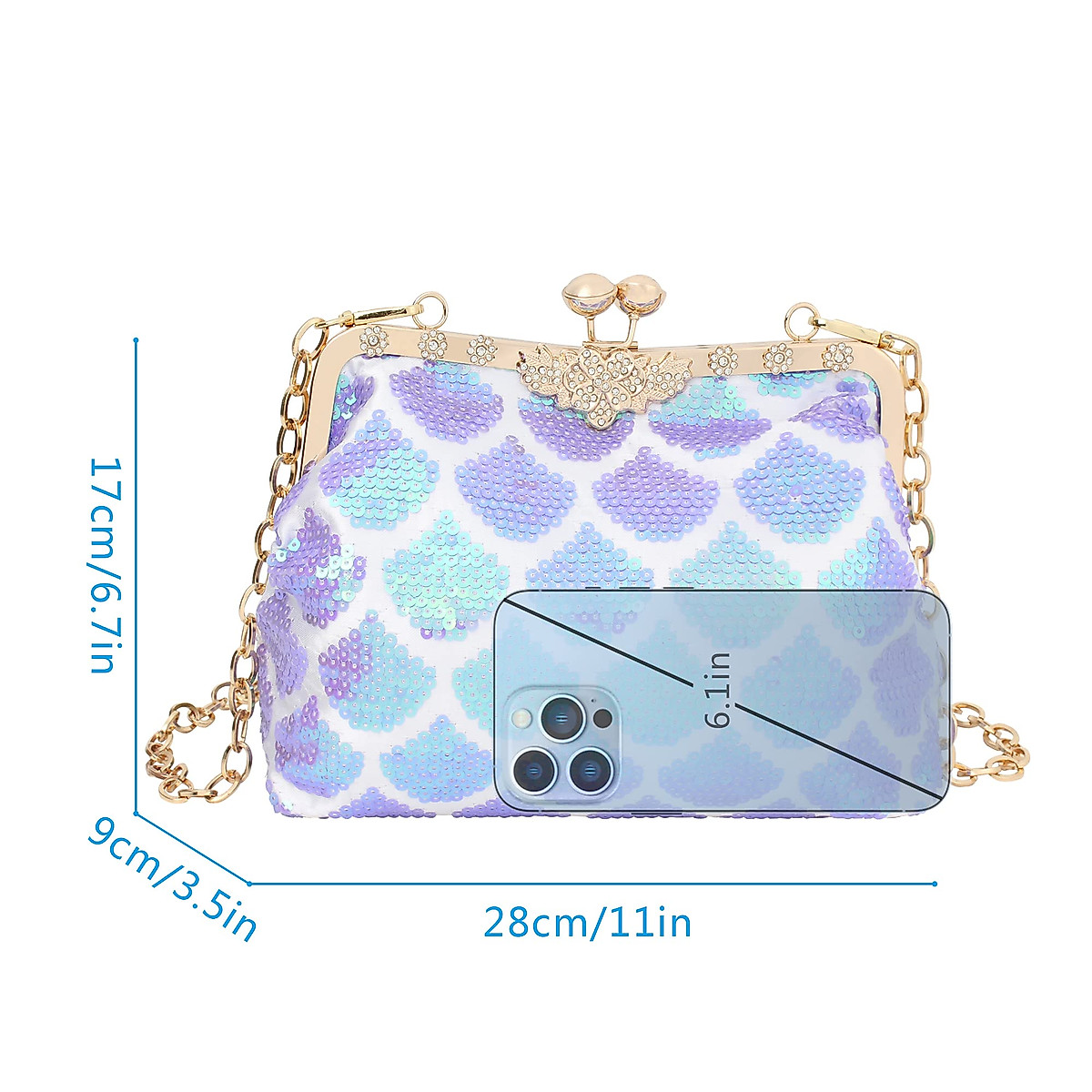 Women Mini Mermaid Scale Sequin Evening Handbag Clutch Chain Strap Cross-body Bag Kiss Lock