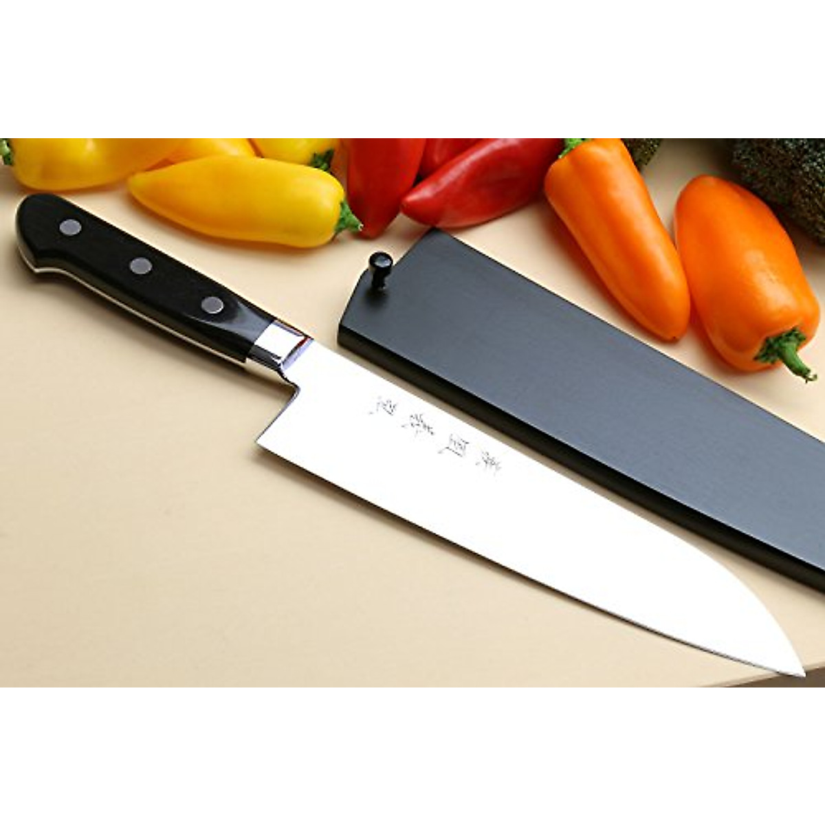Yoshihiro High Speed Steel Santoku Multipurpose Chefs Knife (Black Pakkawood Handle) (7'' (180mm) & Saya)