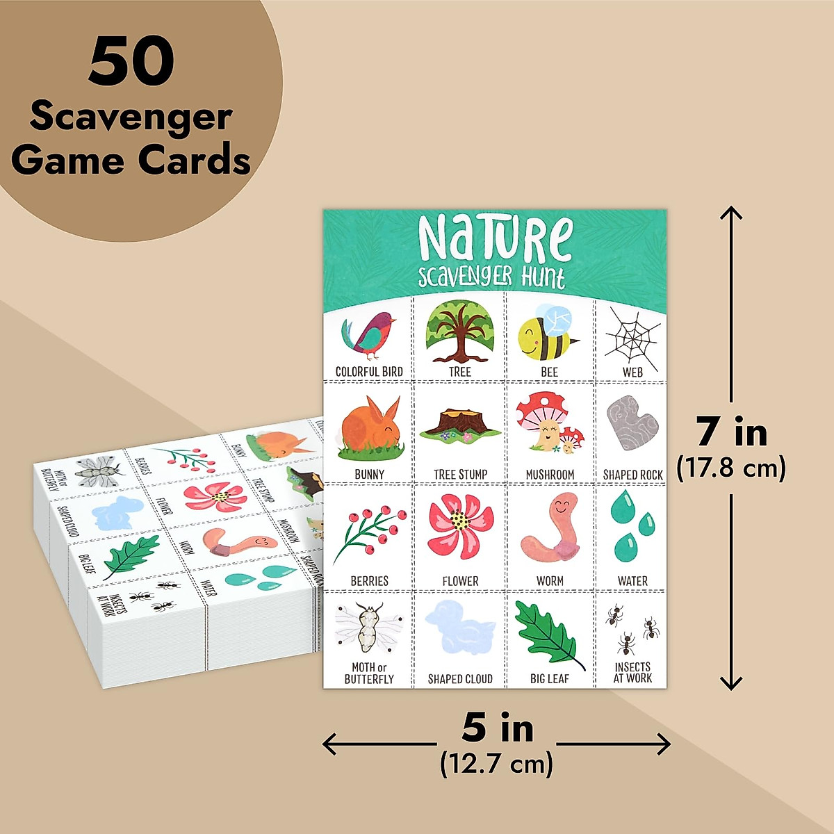 Juvale 50 Pack Nature Scavenger Hunt Cards for Kids Ages 4-8, Outdoor Find and Seek Camping Game