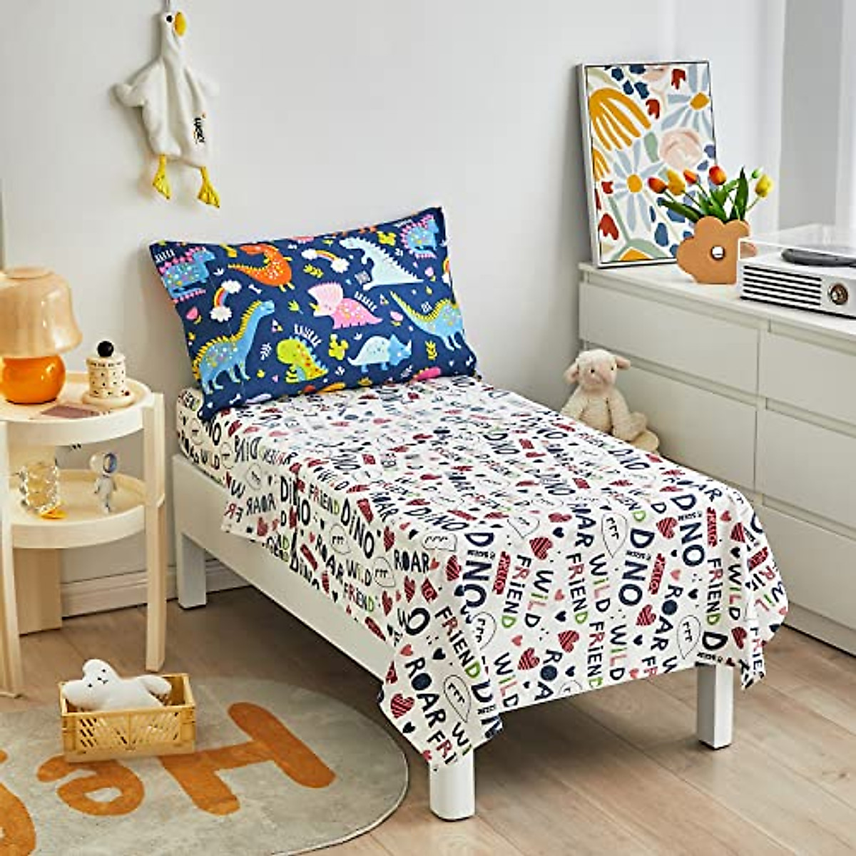 Quilted Toddler Bedding Set 4 Pieces Summer Navy Colorful Dinosaur Toddler Bed Set Includes Toddler Size Quilt Set, Flat Sheet, Fitted Sheet and Pillowcase