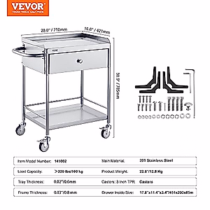 VEVOR Medical Cart, 2-Layer Stainless Steel Cart 220 lbs Weight Capacity, Lab Utility Cart with 360° Silent Wheels and a Drawer for Lab, Clinic, Kitchen, Salon