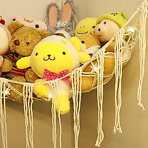 YELIENM Boho Stuffed Animals Net or Hammock with LED Light, 55 inch Toy Hammock Macrame Stuffed Animal Storage Corner Hanging Net Holder,Mesh Hammock Plush Toy Organizer for Bedroom Nursery