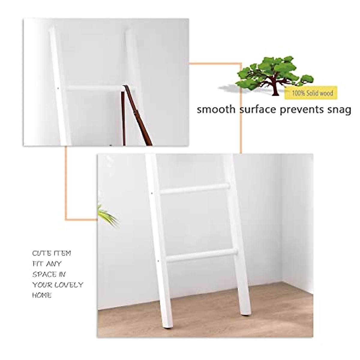 FUIN 6ft Wooden White Blanket Ladder Living Room Decorative Wall Leaning Farmhouse Quilt Display Holder Rustic Wood Towel Rack for Bathroom