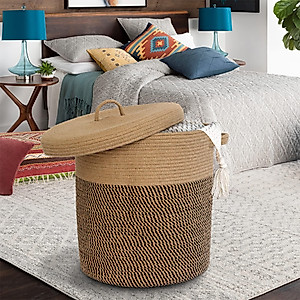 Extra Large Storage Basket with Lid 60L, 16"Wx18"H Woven laundry basket with lid Jute Laundry Basket, Wicker Basket Blankets Pillows Storage in Living Room Baby Nursery, Jute/Black Mix with Lid