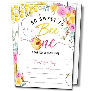 Buildinest Honey Bee 1st Birthday Party Invitations with Envelopes (20-Pack), 4"x6" So Sweet To Bee One Birthday Invitation Cards, First Bee-Day Party Invites-B10