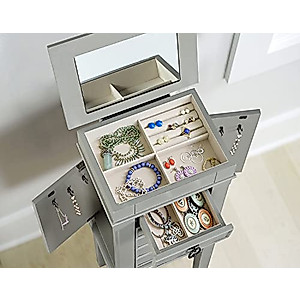 Hives and Honey Meg Jewelry Armoire - Modern Wood Storage Organizer with Necklace Hooks, 5 Drawers, and Vanity Mirror, Grey