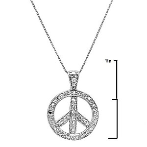 Diamond Peace Sign Pendant Necklace in Sterling Silver on an 18in Box Chain | Real Diamond Necklaces Gifts for Women