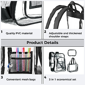 GEKMOR 3Pack Clear Backpack Set Stadium Approved, Transparent Backpack with See Through Lunch Bag and Pencil Case-Heavy Duty PVC