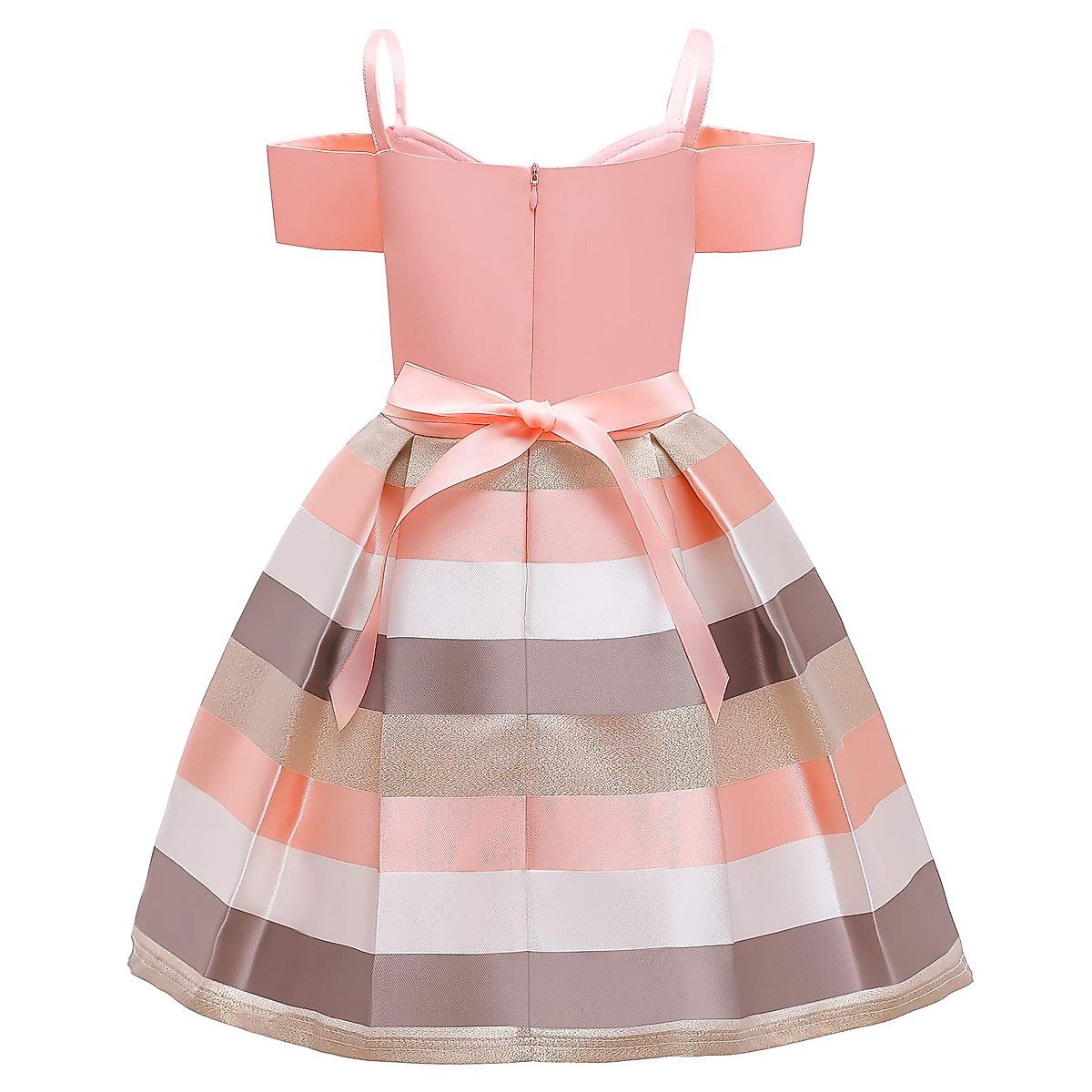 NSSMWTTC Girls Off Shoulder Dress Kids Christmas Sunday Halloween Baptism Christening Striped Dresses (Pink,140)