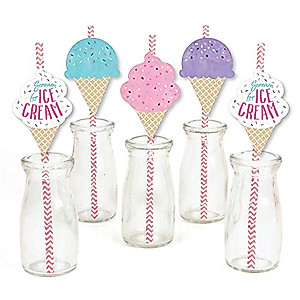 Big Dot of Happiness Scoop Up the Fun - Ice Cream - Paper Straw Decor - Sprinkles Party Striped Decorative Straws - Set of 24