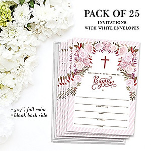 DB Party Studio Set Baby Baptism Invitations with Matched Thank You Notes ( 25 of Each ) Envelopes Included, 5 x 7" Lovely Pink Roses Fill-in Invites & Folded Thanks Cards Infant Christening Pair