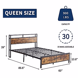 Gustonhon Industrial Queen Bed Frame with Headboard,Metal Bed Frame Queen Size with Storage Under-Bed,Mattress Foundation with LED Lights and Charging Station,2-Tier Storage Shelf (Queen)
