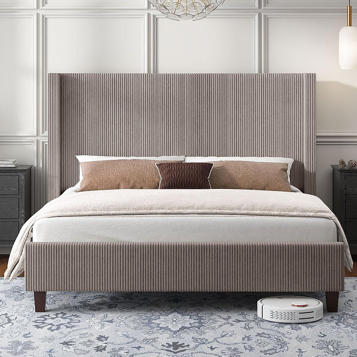HOWE Queen Size Upholstered Platform Bed Frame, Wingback Bed with 50.8" Headboard, Corduroy/Solid Wood Leg/No Box Spring Needed/Noise Free/Taupe