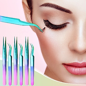 Mudder 6 Pcs Lash Tweezers Precision Eyelash Tweezers for Lash Extension, Straight and Curved Tip, Stainless Steel for False Volume Eyelash Application Tools(Laser)