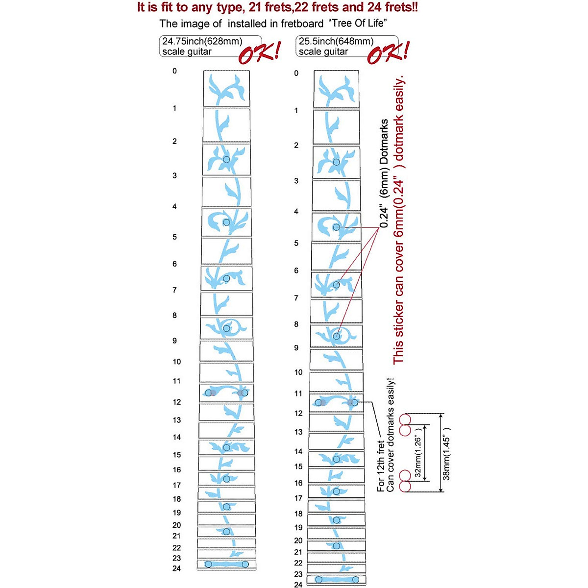 Inlay Sticker Fret Markers for Guitars - Tree of Life - Abalone Mix,FT-050TG-MX