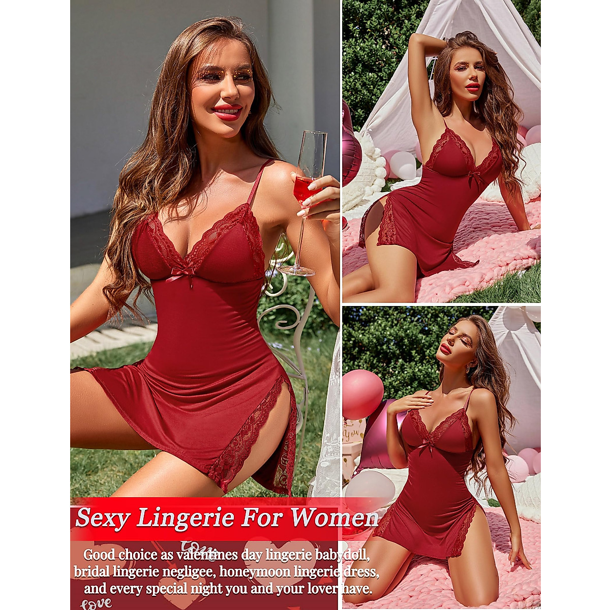 Avidlove Women's Sleepwear Sexy Nightgowns for Women Chemise Lingerie Modal Sleepwear Wine Red M