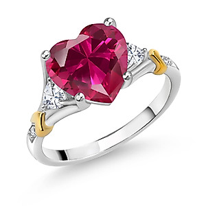 Gem Stone King 925 Silver and 10K Yellow Gold 10MM Heart Gemstone Birthstone White Moissanite and White Diamond Engagement Ring For Women | Available in Size 5,6,7,8,9