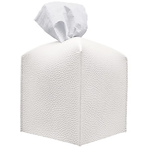 Carrotez Tissue Box Cover, [Refined] Modern PU Leather Square Tissue Box Holder - Decorative Holder/Organizer for Bathroom Vanity Countertop, Night Stands, Office Desk & Car 5"X5"X5" - White