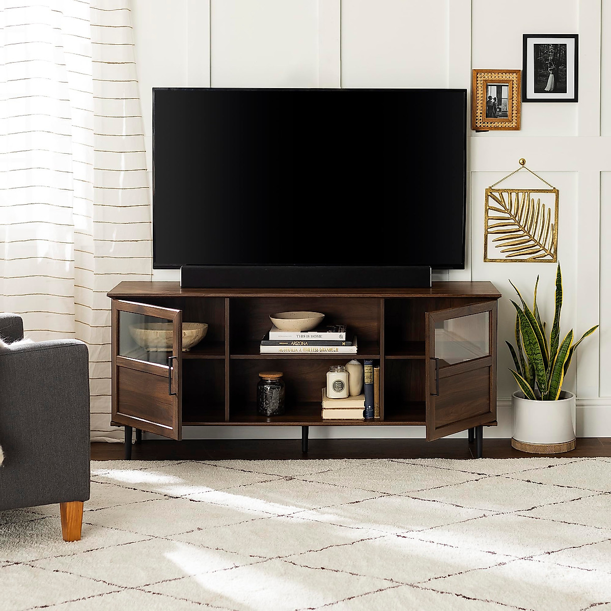 Walker Edison Modern Farmhouse Wood and Glass TV Stand with 2 Cabinet Doors for TV's up to 65" Flat Screen Universal TV Console Living Room Storage Shelves Entertainment Center, 58 Inch, Dark Walnut