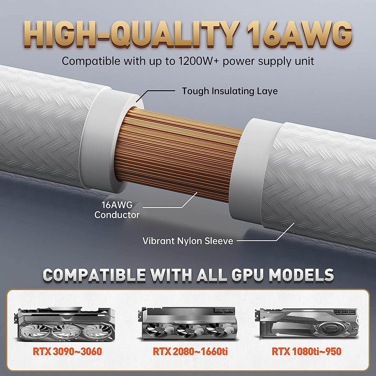 AsiaHorse 16AWG Pro Power Supply Sleeved Cable, White Power Supply Extension Cable Dual EPS Kit, 1x24-PIN/ 2x8-PORT (4+4) M/B,3x8-PORT (6+2) PCI-E, 30cm Length with 2 Set of Combs