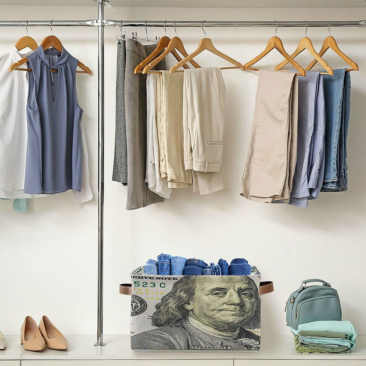 Large Foldable Storage Basket 100 Dollar Bill Printed Storage Bin Canvas Toys Box Fabric Decorative Collapsible Organizer Bag with Handles for Bedroom Home