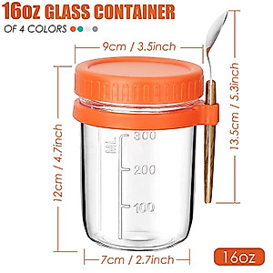 JIIKOOAI 4 Pack Overnight Oats Containers with Lid and Spoon, 16 oz Glass Overnight Oats Jars, Fruit Container, Salad Cup, Yogurt Cup for Milk Cereals Fruit Cereals